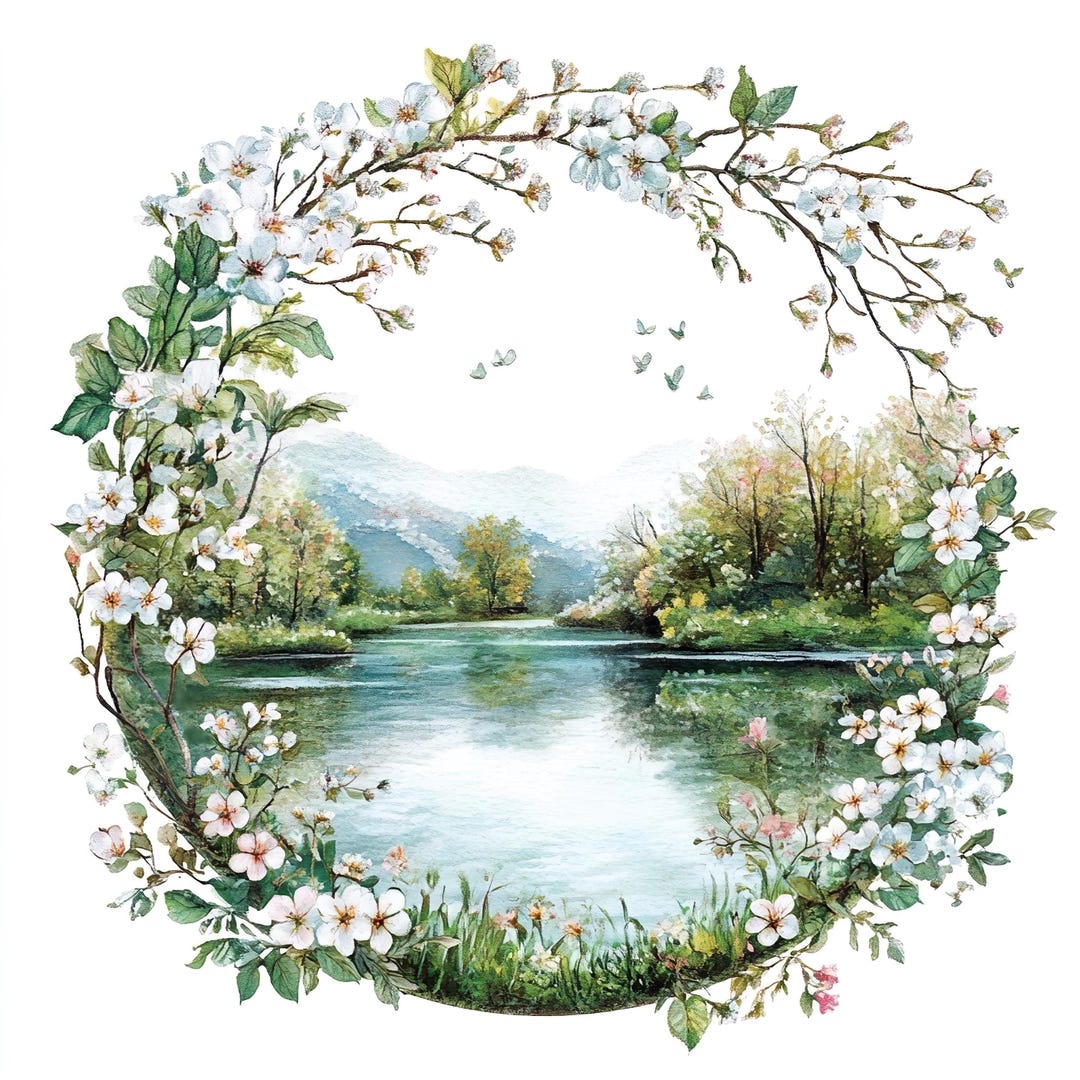 10 Spring Lake Landscape Clipart Set Digital Watercolor Painting Floral ...