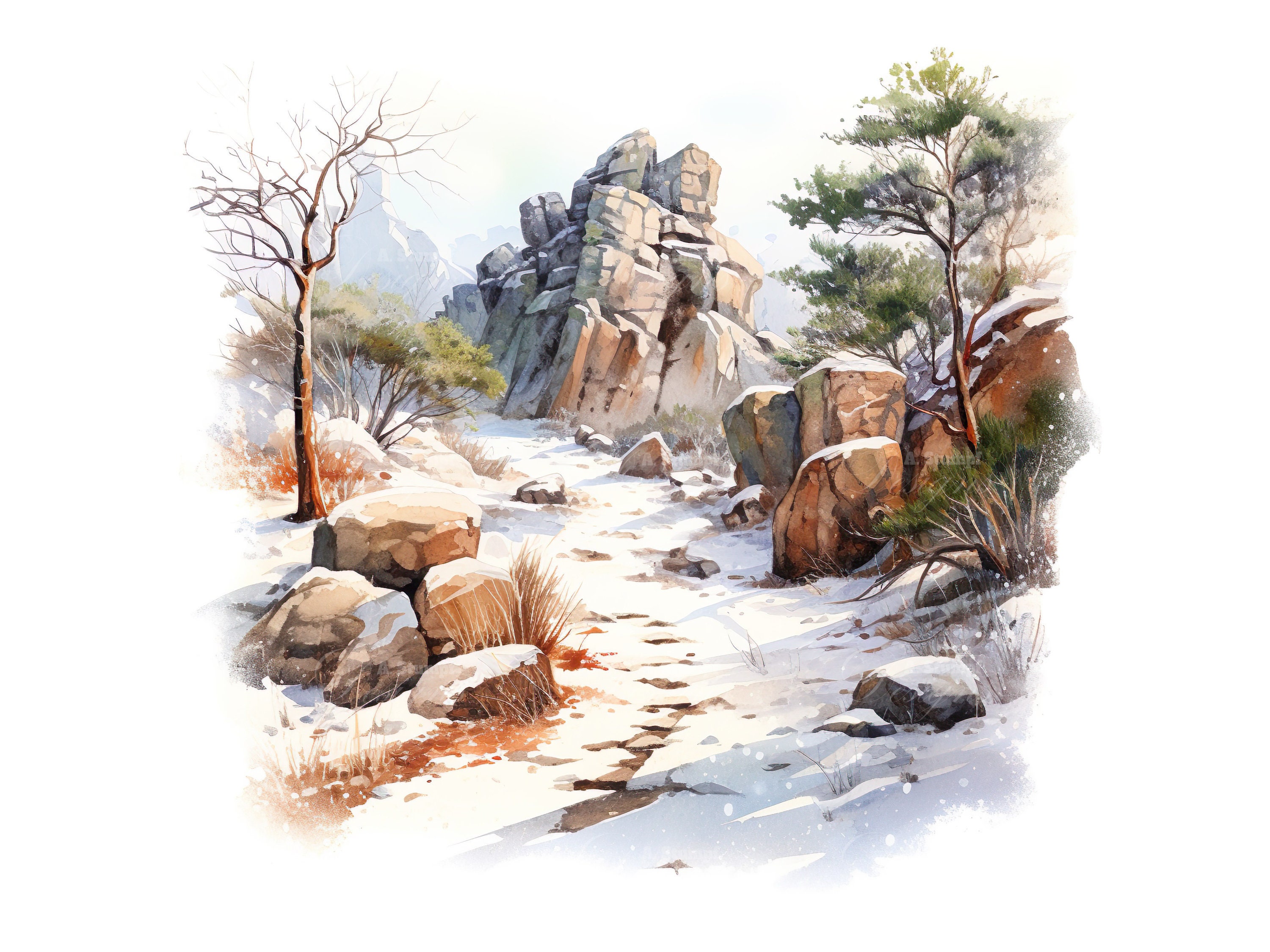 10 Rocky Hiking Trail in Winter Clipart Set Snowy Mountain Hike Digital ...