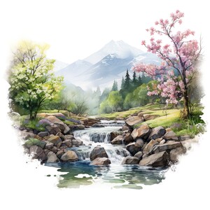 10 Mountain Stream Spring Landscape Clipart Set Digital Watercolor ...