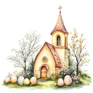 10 Easter Decorated Church Digital Watercolor Painting Christian Decor ...