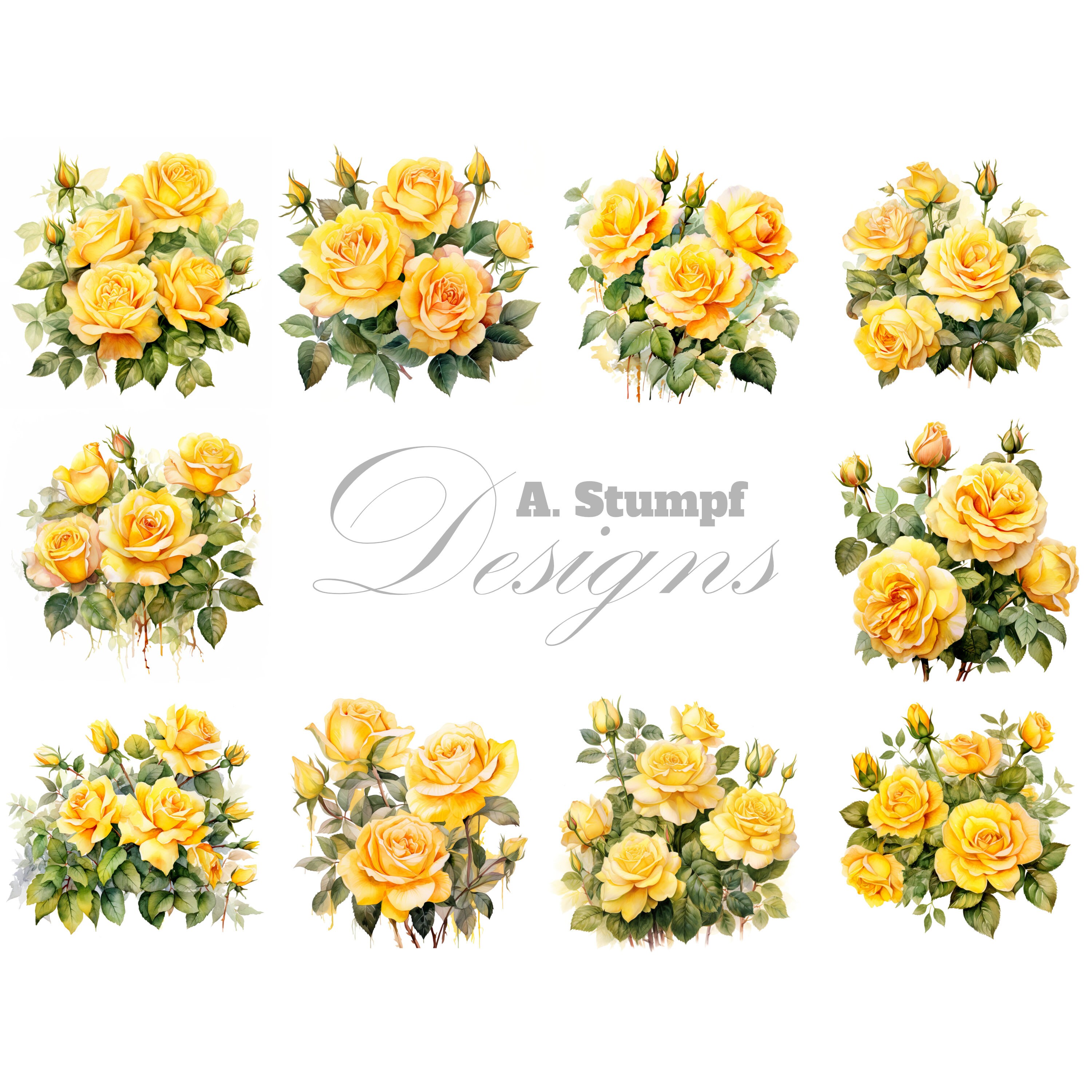 Yellow Roses Clipart Set Watercolor Flowers Bundle Floral Graphics ...