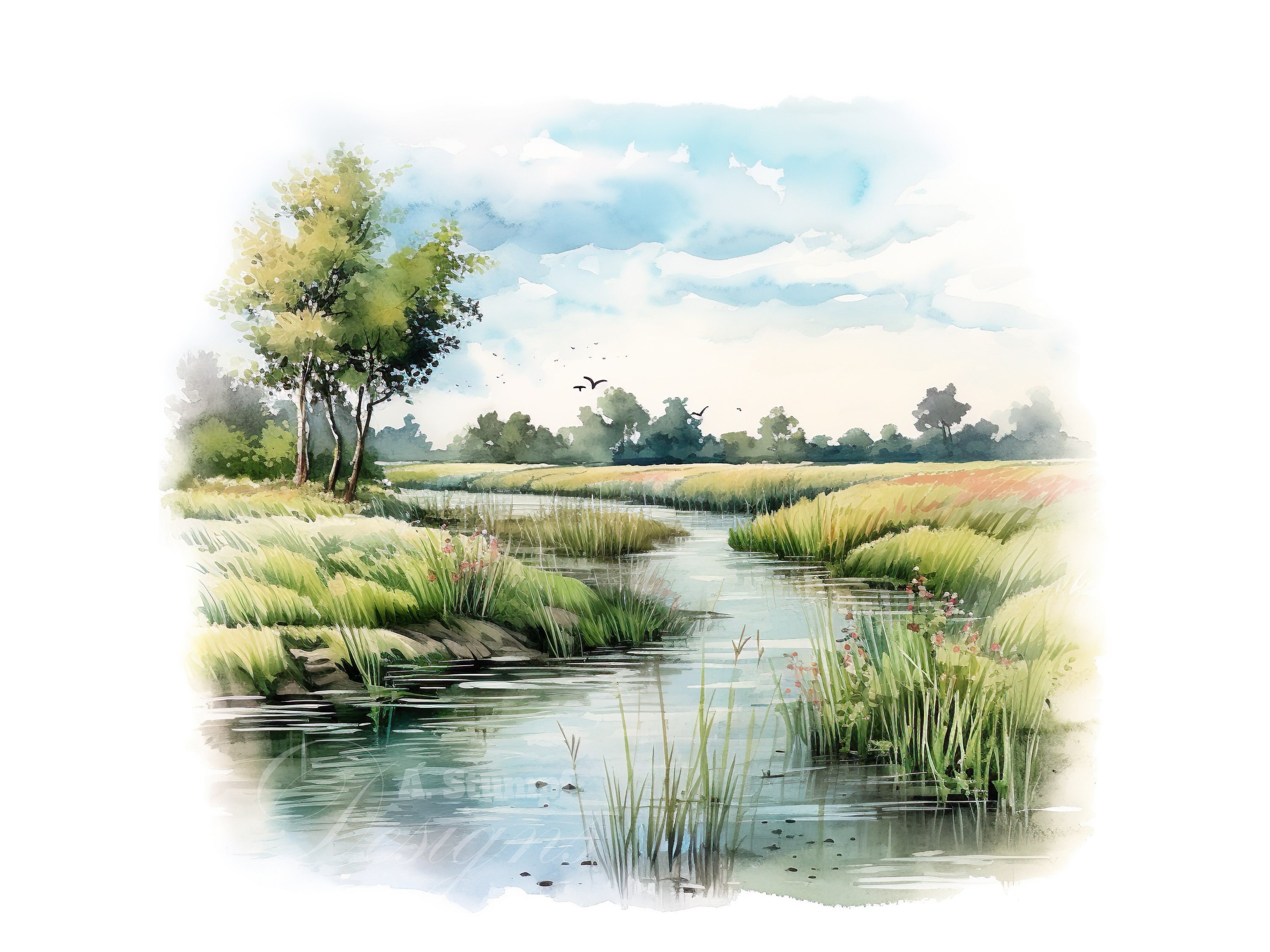 Wetland Landscape Clipart Set, Digital Watercolor Painting, Nature ...