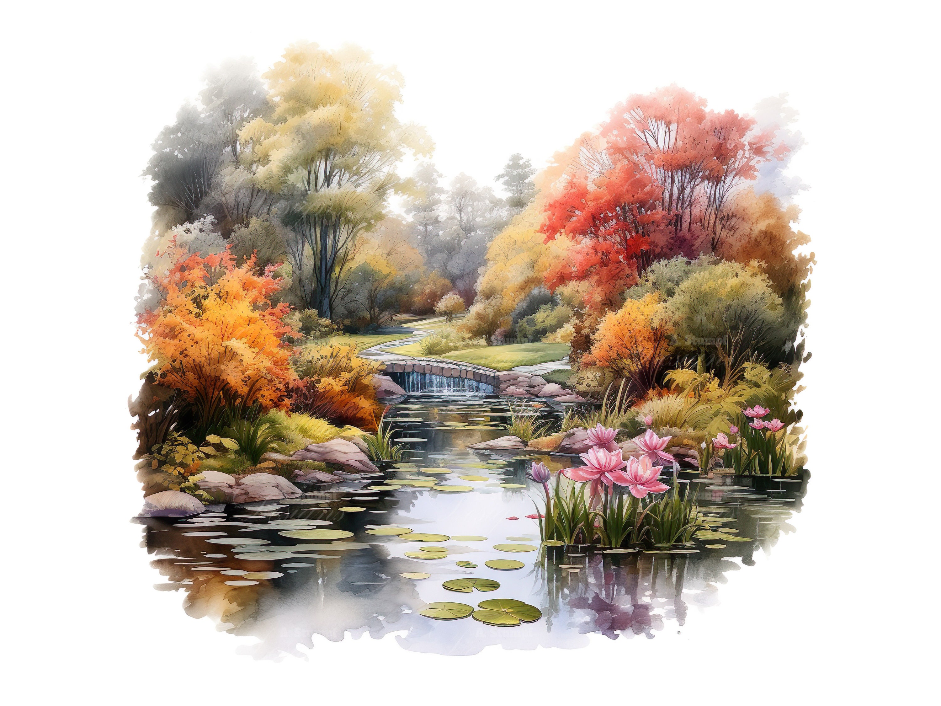 10 Garden Pond in Autumn Clipart Set Fall Pond Scene Illustration ...