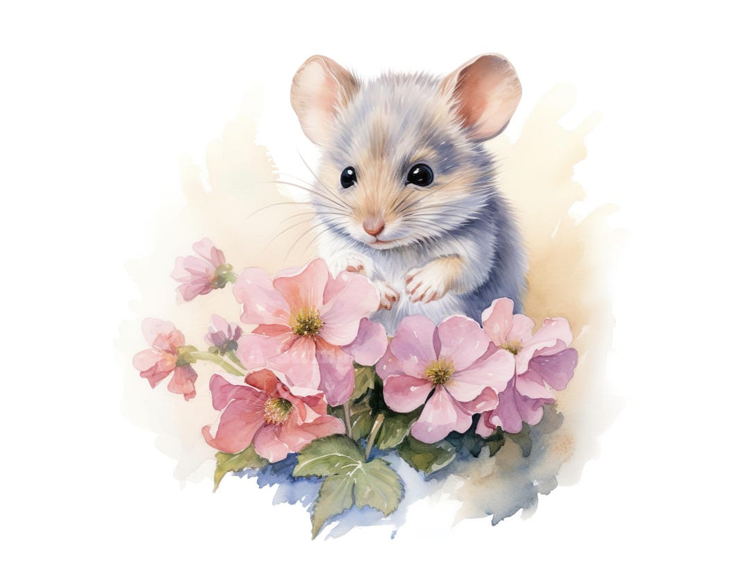 10 Cute Mouse Flowers Clipart Set Digital Watercolor Painting Nursery ...
