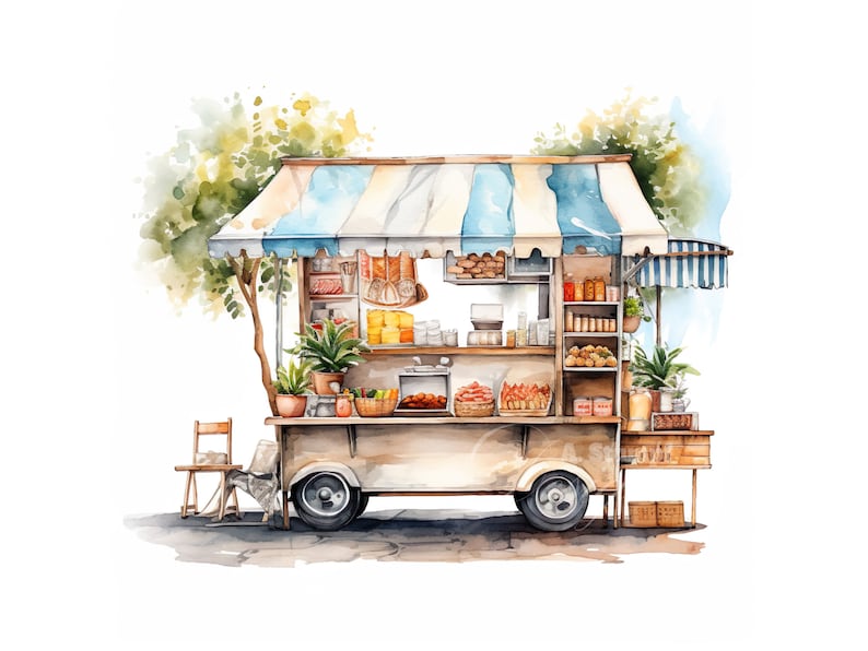 10 Street Food Cart Truck Clipart Set Digital Watercolor Painting ...
