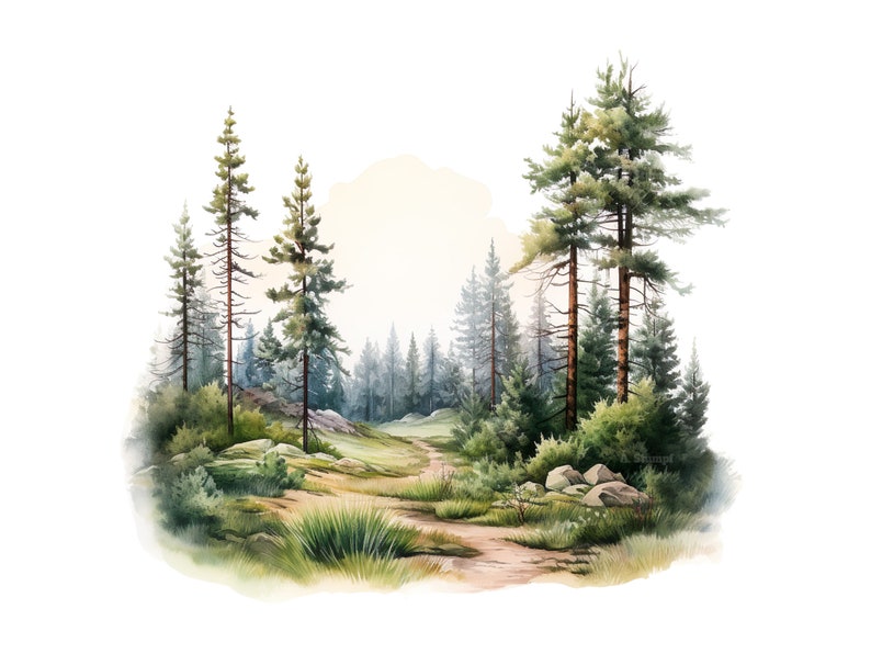 10 Pine Forest Landscape Scene Clipart Set Digital Watercolor Woodland ...