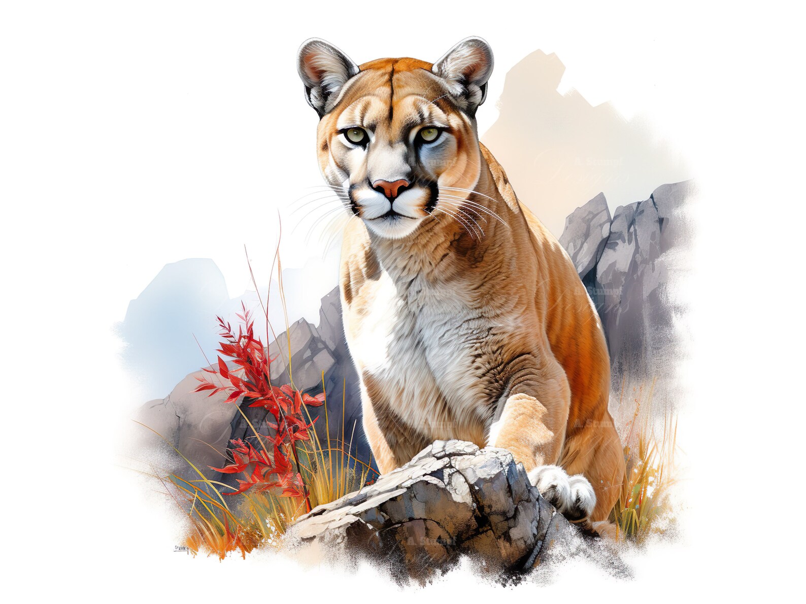 10 Puma Clipart Set, Digital Watercolor Painting, Wild Cat Illustration ...