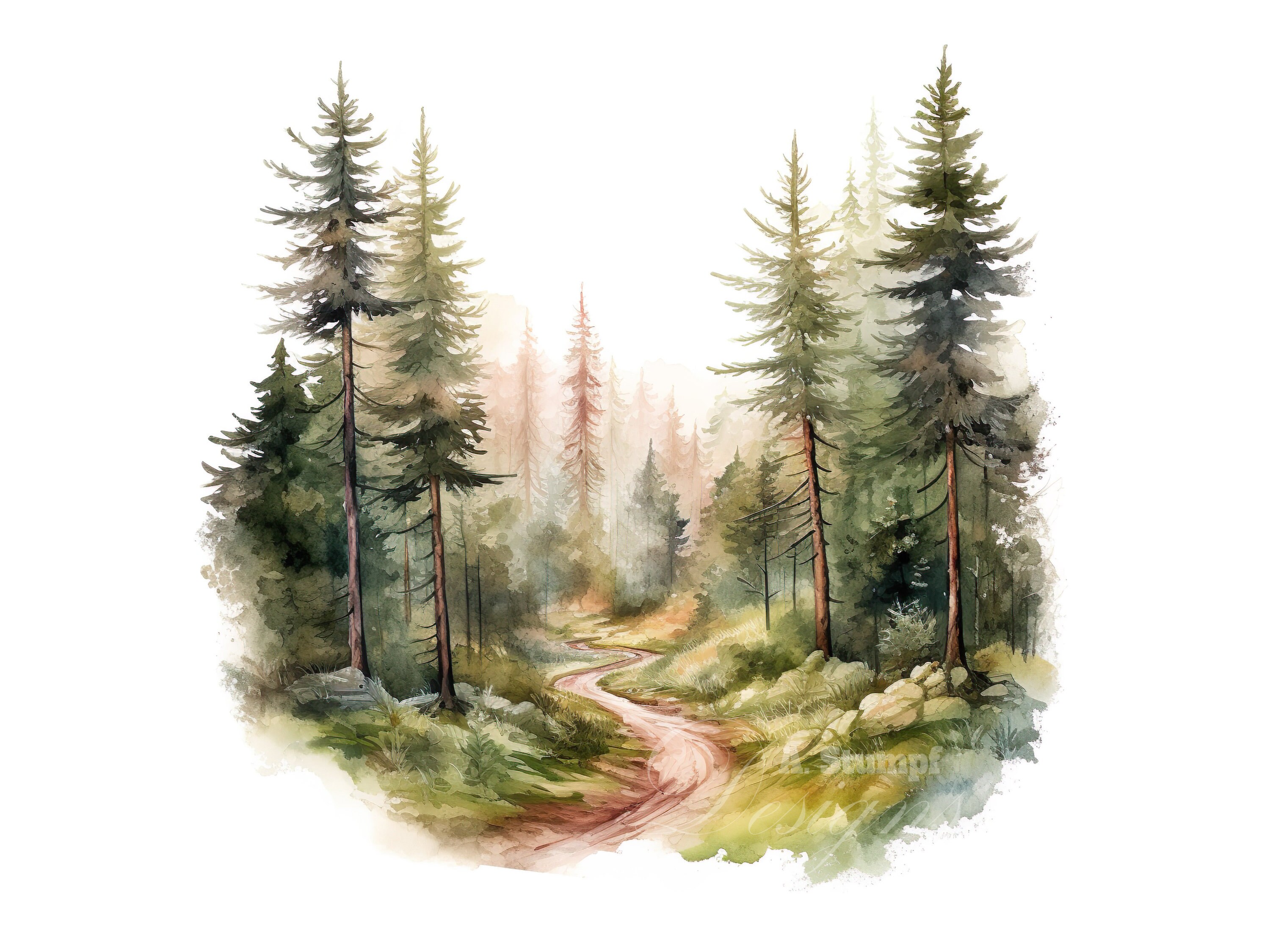 10 Coniferous Forest Landscape Clipart Set Digital Watercolor Painting ...
