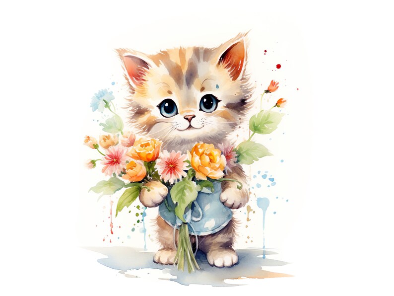 Cat With Flowers Clipart Set of 10 High Quality Jpgs - Etsy