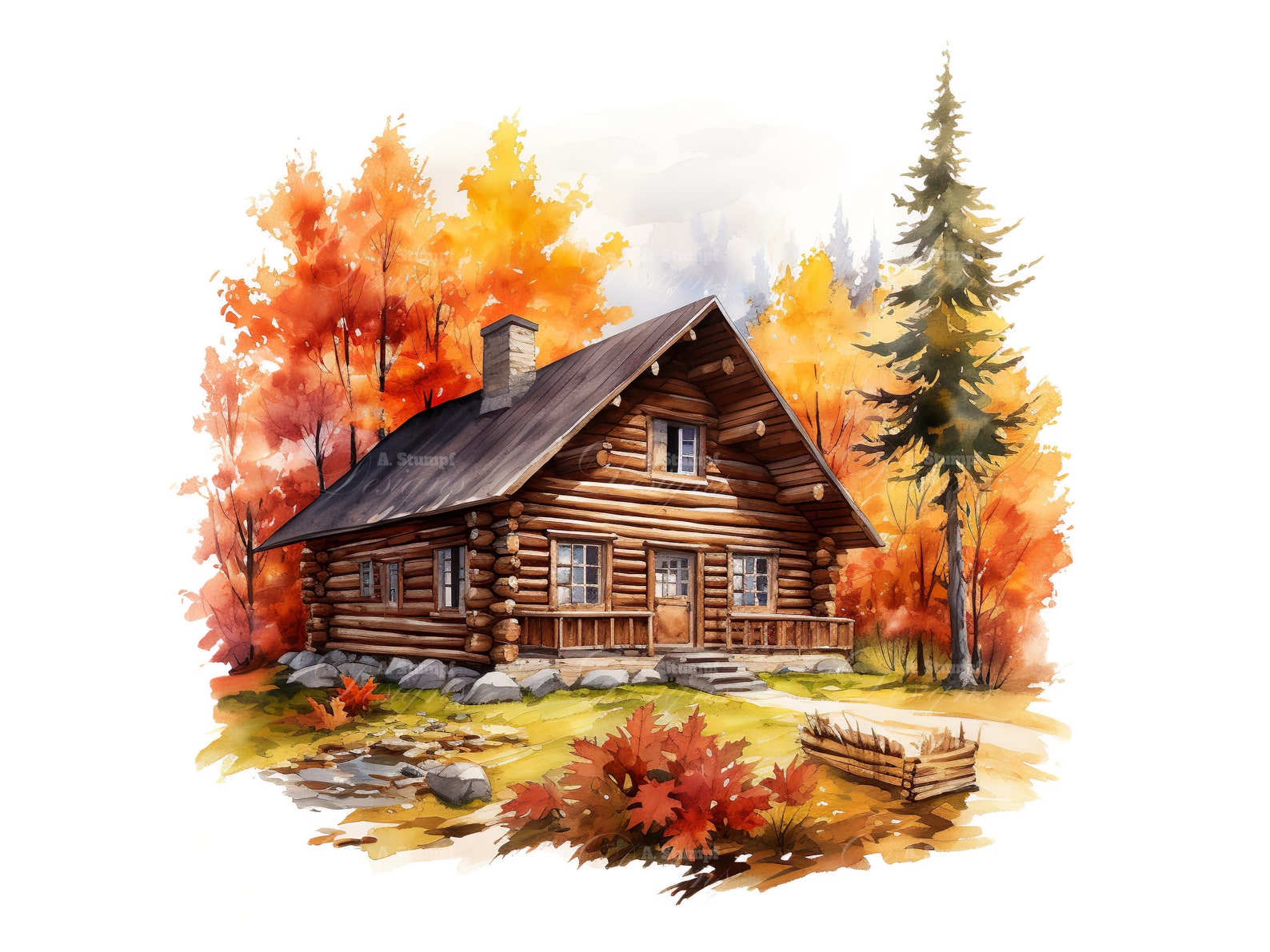 10 Log Cabin Autumn Clipart Set Digital Watercolor Fall Scene Painting Rustic Autumnal Forest ...