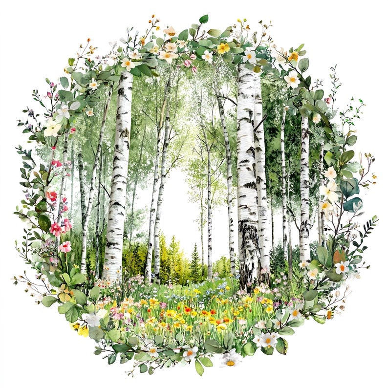 10 Spring Birch Tree Forest Landscape Wreath Clipart Set Digital ...