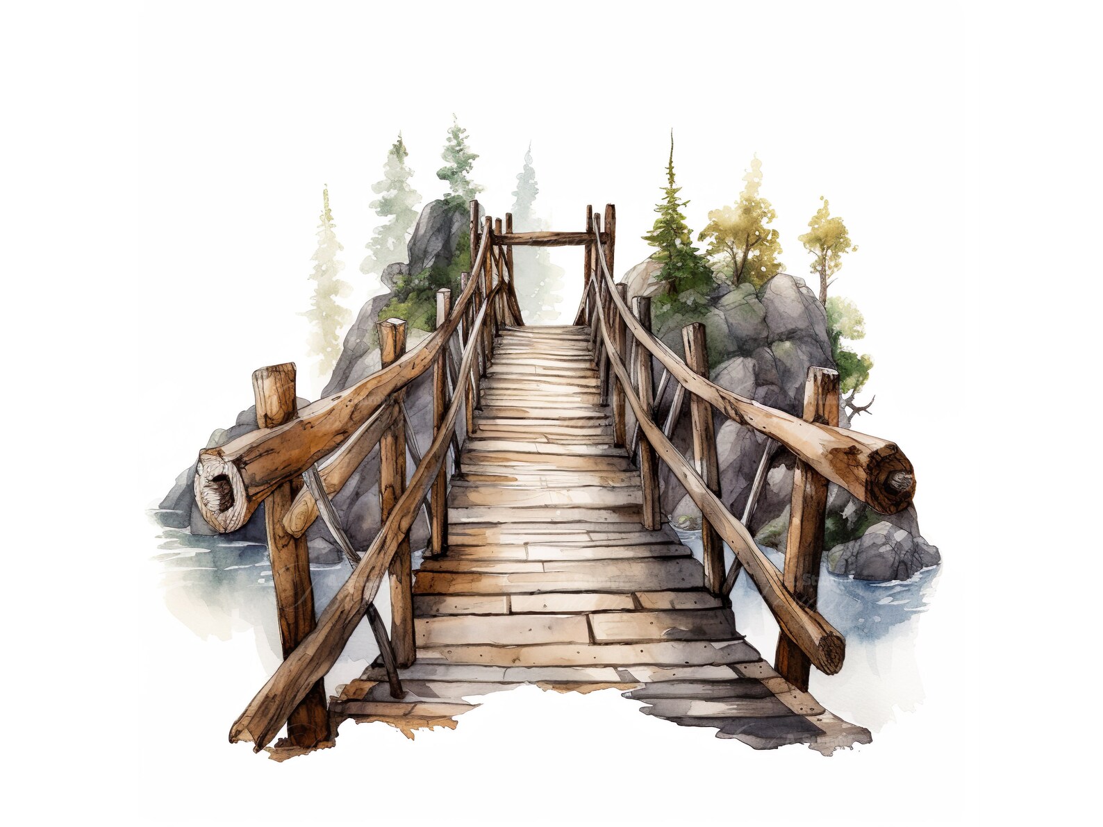10 Old Wooden Suspension Hanging Bridge, Digital Watercolor Painting ...