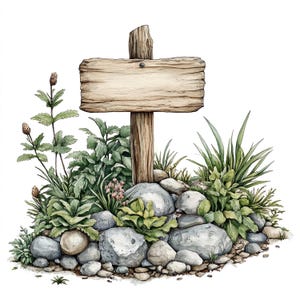 10 Old Empty Wooden Garden Sign With Rocks and Plants Clipart Set ...