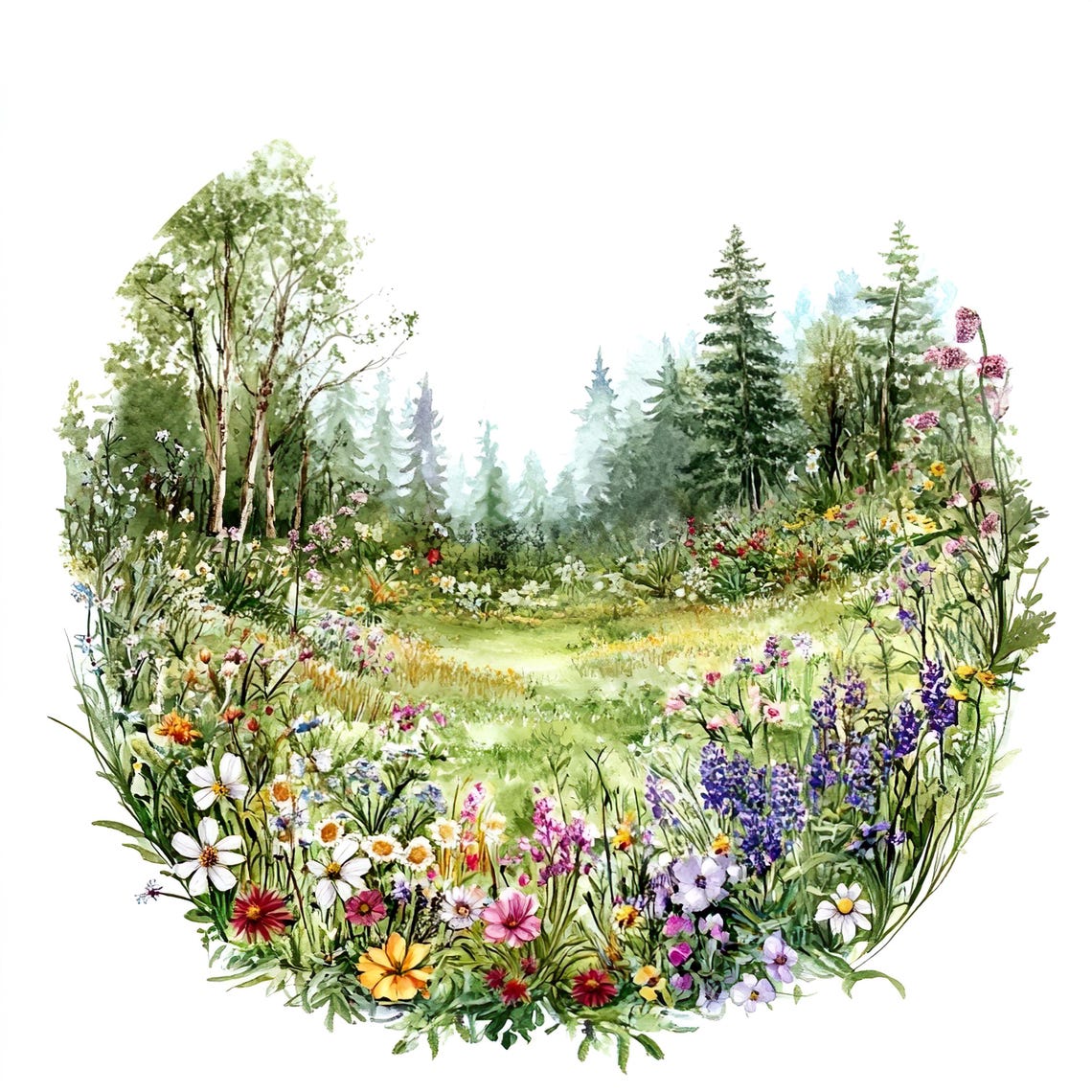 10 Spring Meadow Landscape Circle Shape Clipart Set Digital Watercolor ...