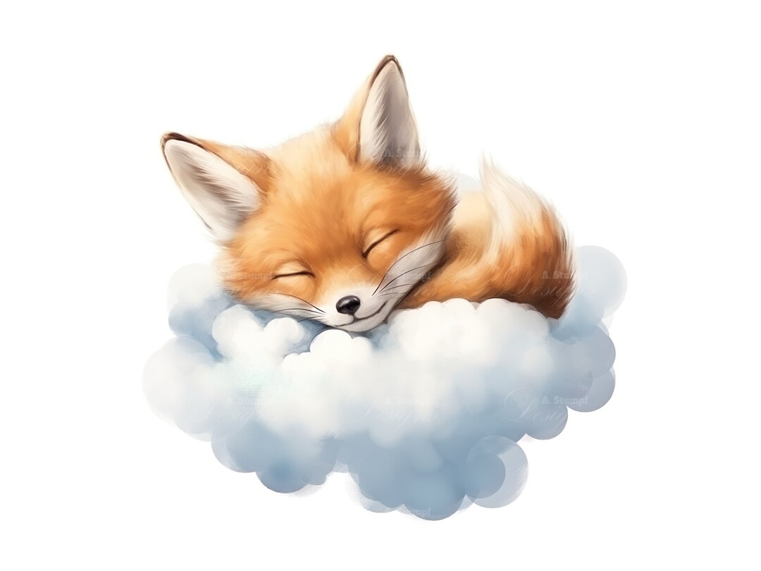 10 Baby Fox Sleeping in a Cloud Clipart Set Digital Watercolor Painting ...