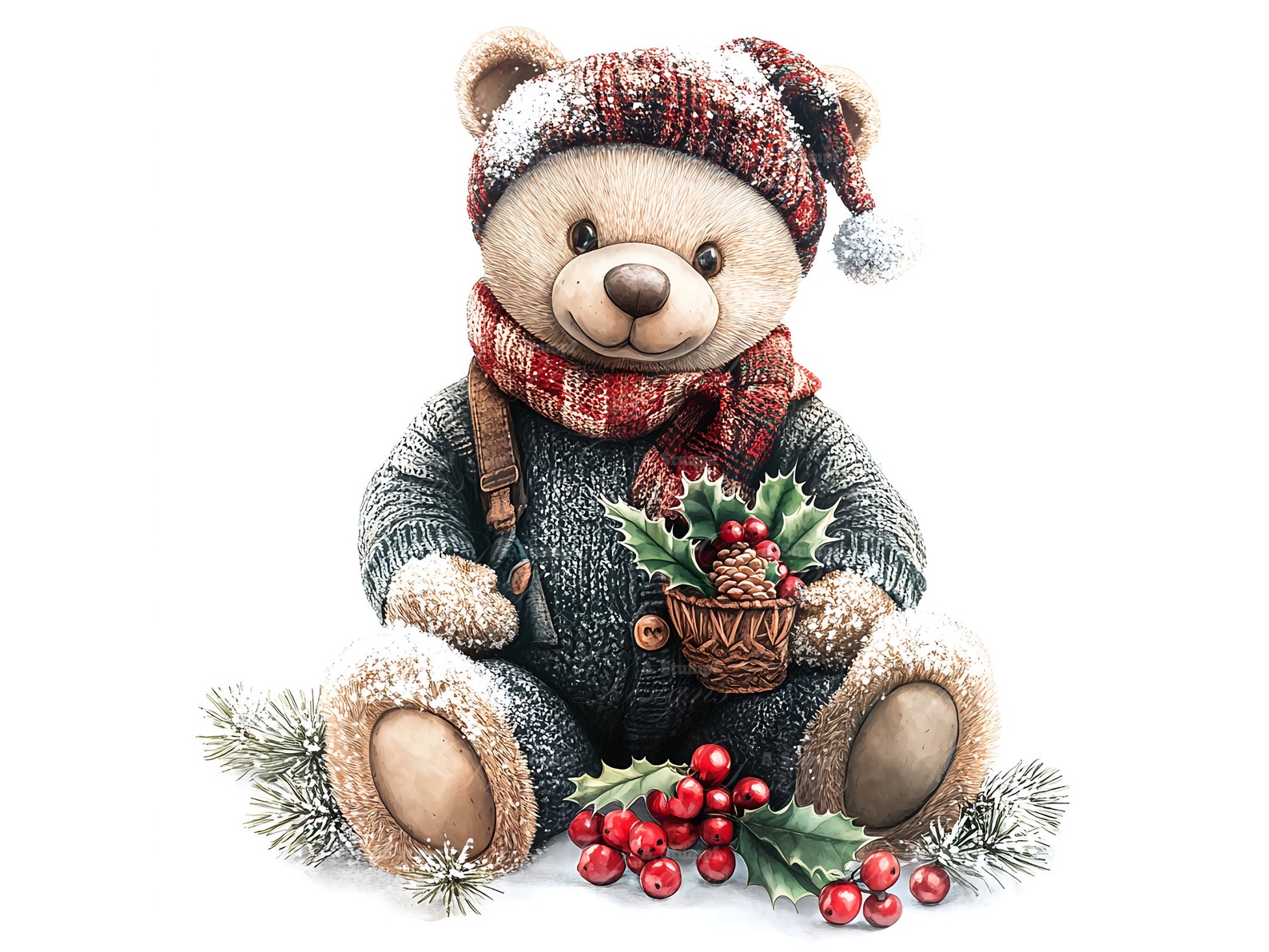 10 Christmas Teddy Bear Clipart Set, Digital Watercolor Painting, Snowy ...