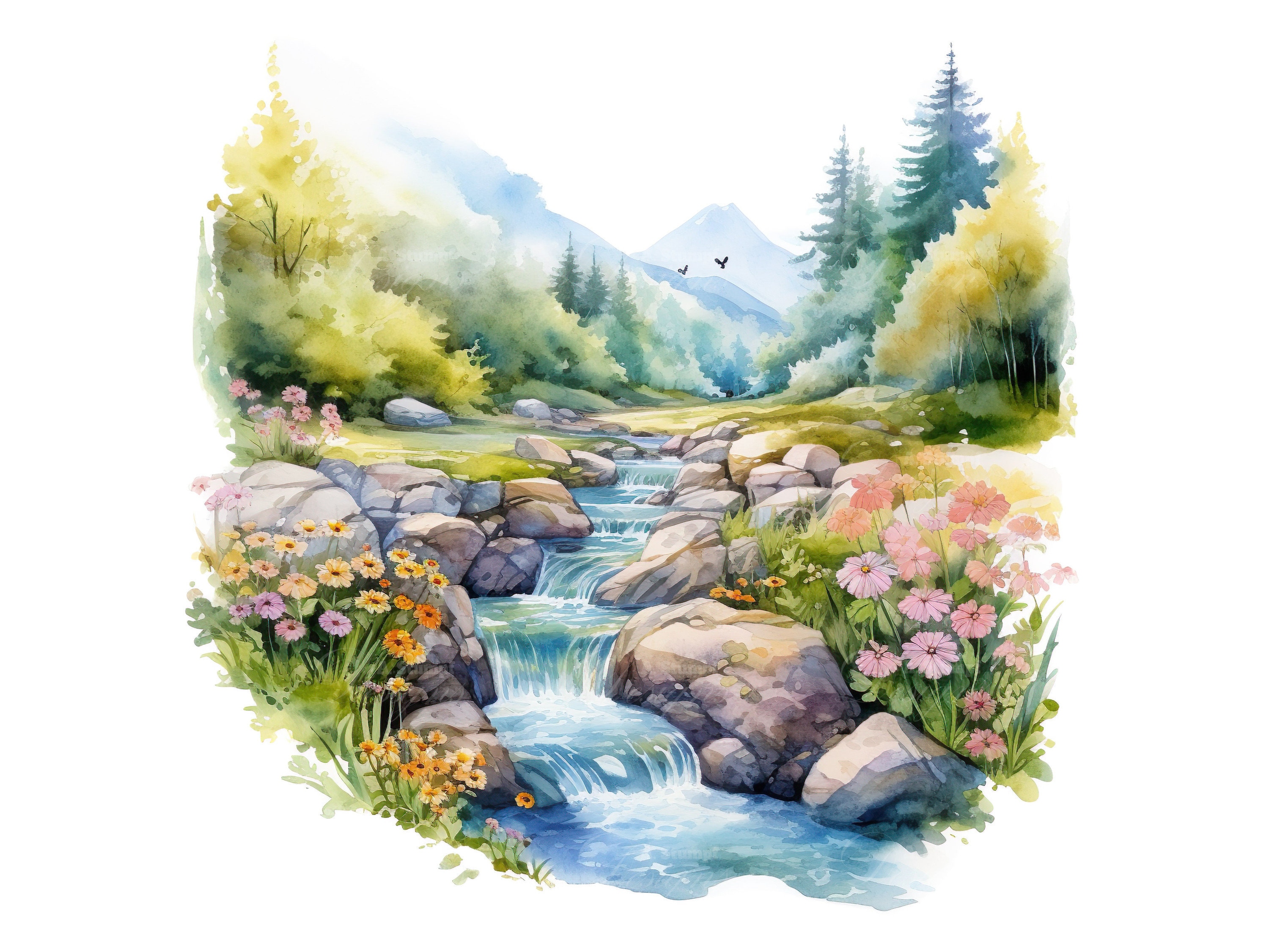 10 Mountain Stream Spring Landscape Clipart Set Digital Watercolor ...