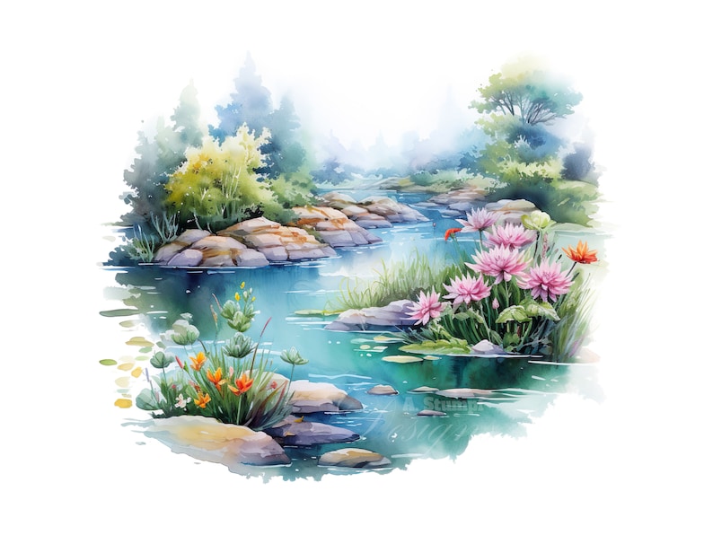 10 Pond Clipart Set Digital Watercolor Painting Floral Nature Scene ...
