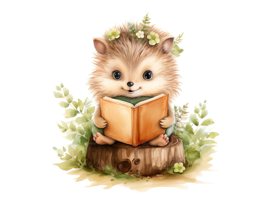10 Baby Hedgehog Reading a Book Cute Nursery Art Woodland Animal ...