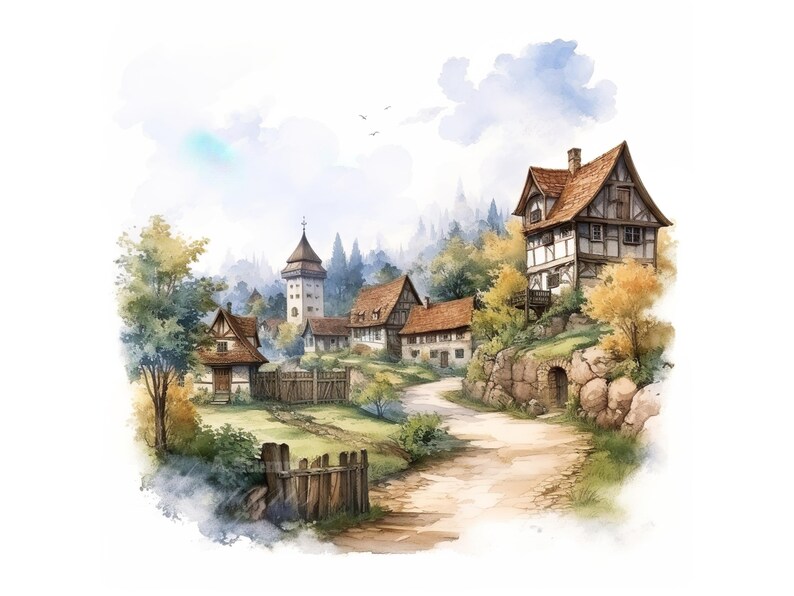 10 Medieval Village Landscape Clipart Set Digital Watercolor Historical ...