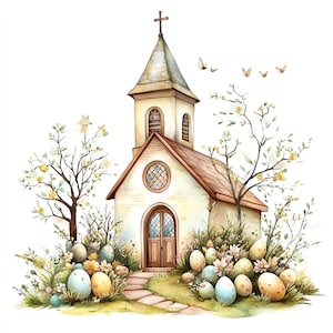 10 Easter Decorated Church Digital Watercolor Painting Christian Decor ...