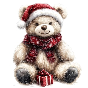 10 Christmas Teddy Bear Clipart Set, Digital Watercolor Painting, Snowy ...