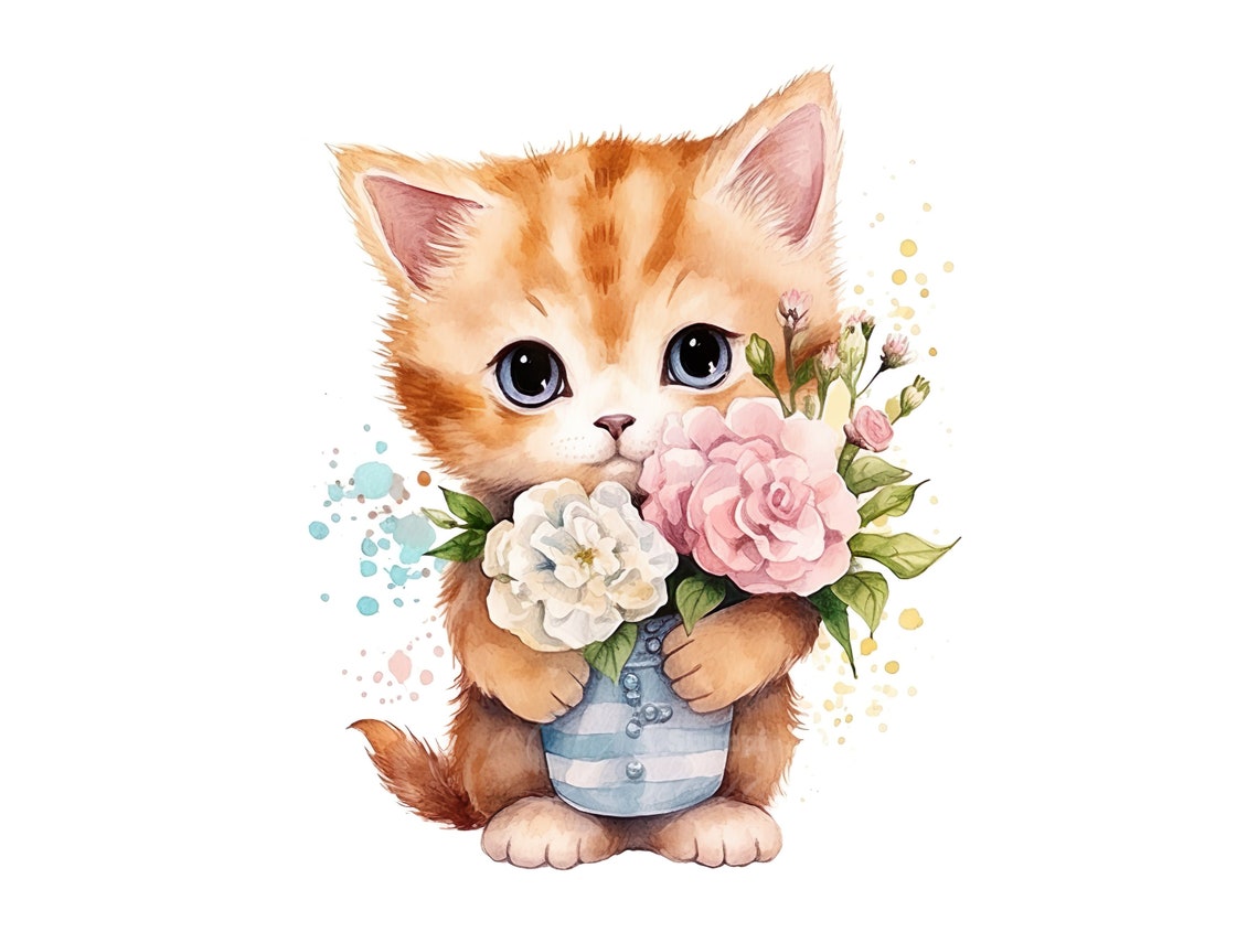 Cat With Flowers Clipart Set of 10 High Quality Jpgs - Etsy