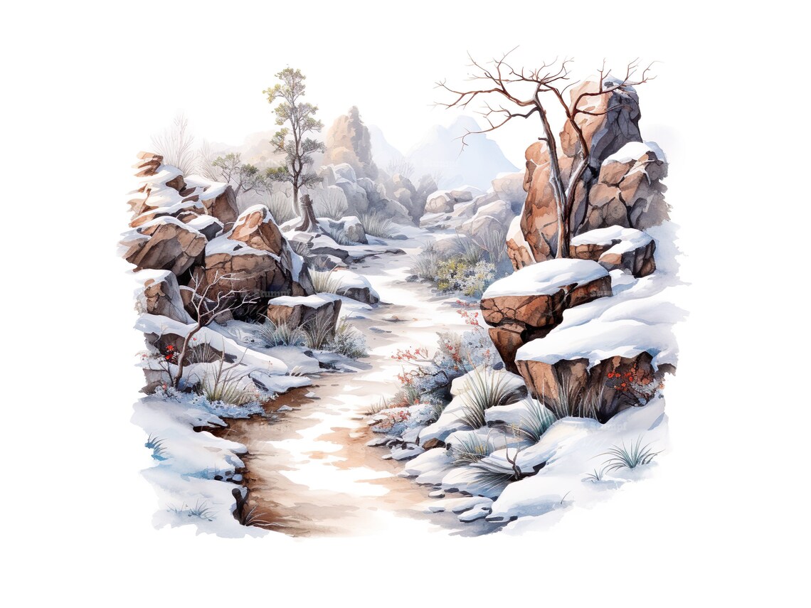 10 Rocky Hiking Trail in Winter Clipart Set Snowy Mountain Hike Digital ...