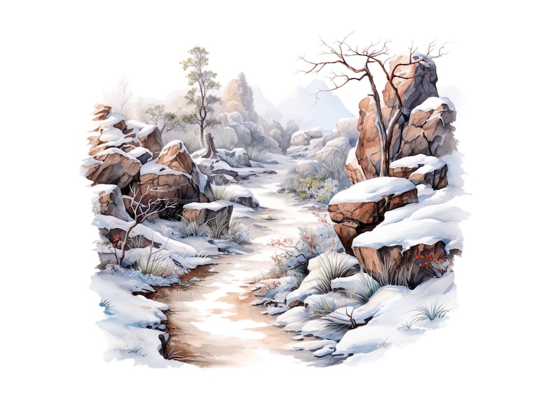 10 Rocky Hiking Trail in Winter Landscape Clipart Set Snowy Mountain ...