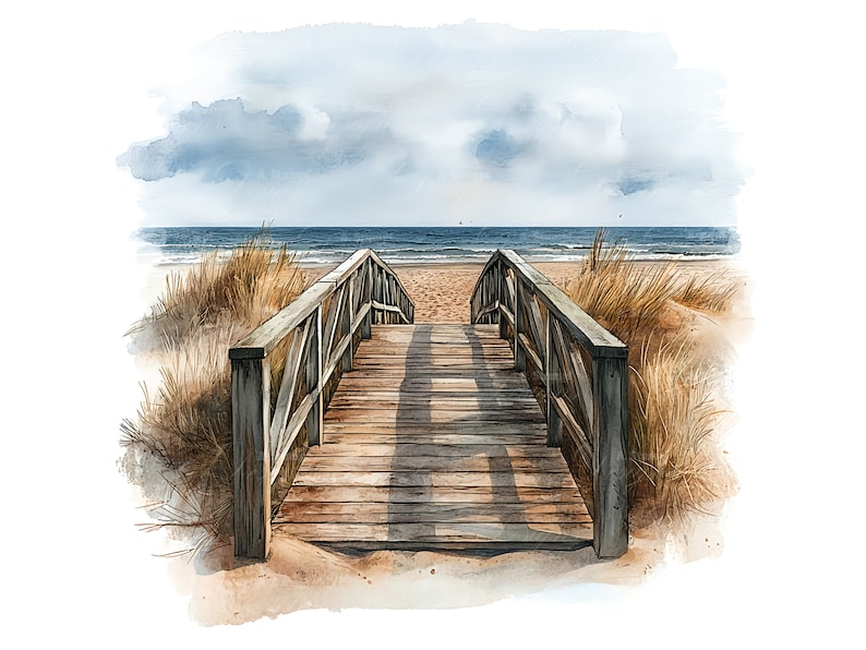 10 Boardwalk Beach Path Clipart Digital Watercolor Painting Seaside ...