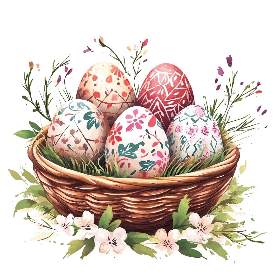 10 Floral Basket Easter Eggs Clipart Set Digital Watercolor Painting ...
