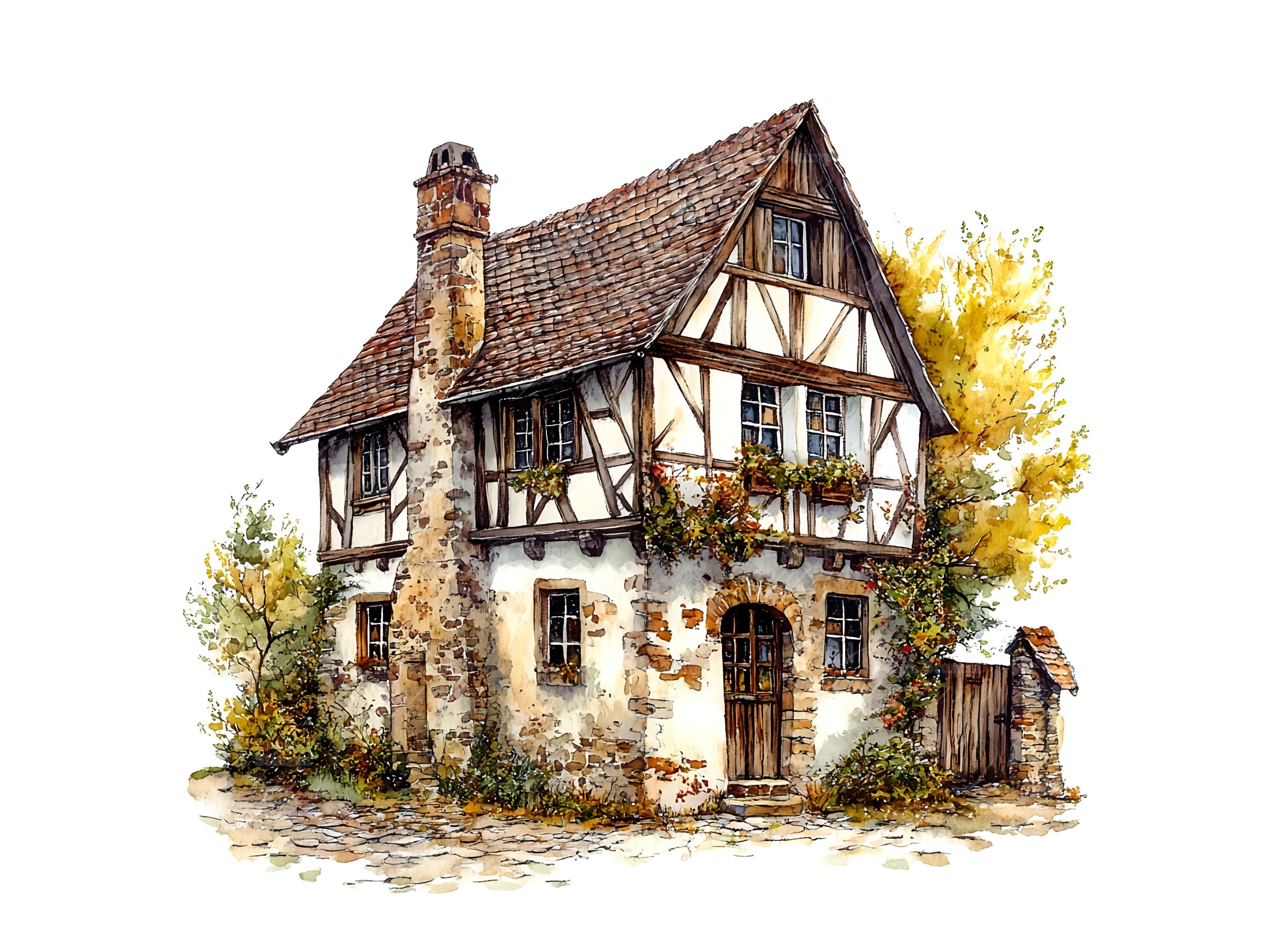 10 Medieval Era House Clipart Set Digital Watercolor Old Cottage ...