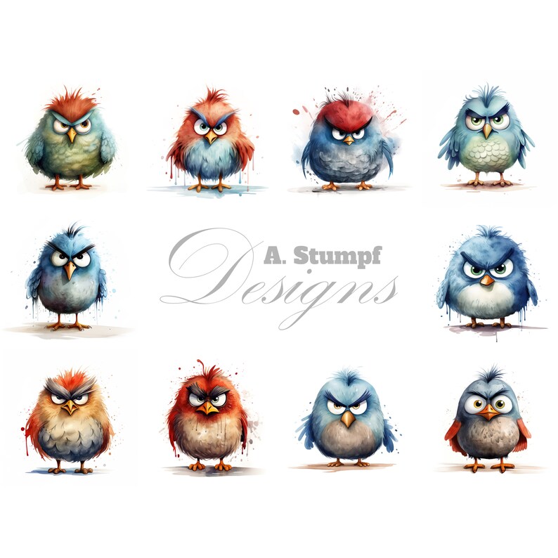 Grumpy Birds Clipart Set Watercolor Cartoon Clip Art Bundle Printable ...