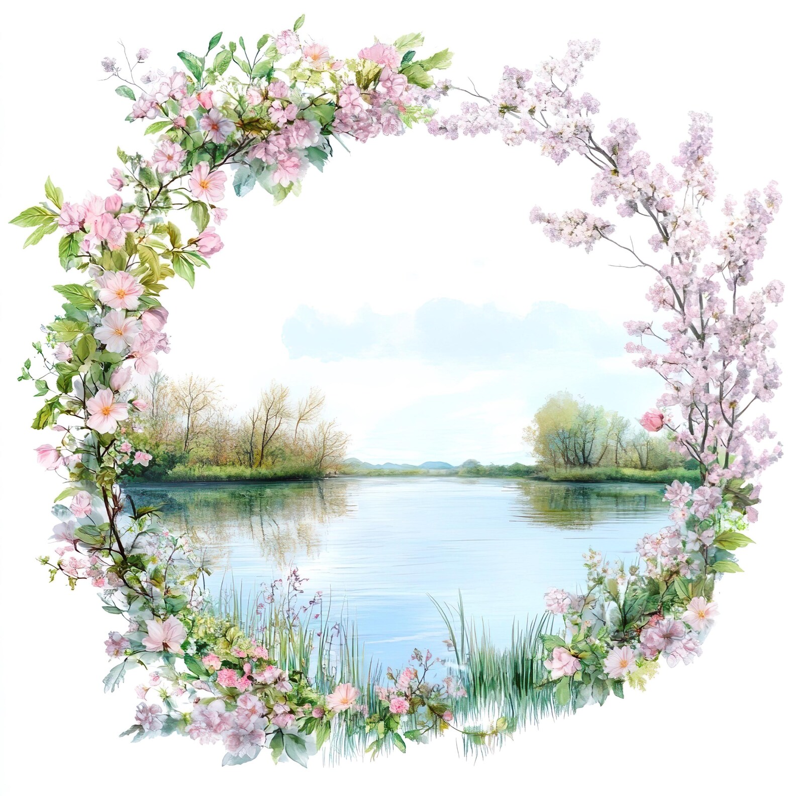 10 Spring Lake Landscape Clipart Set Digital Watercolor Painting Floral ...