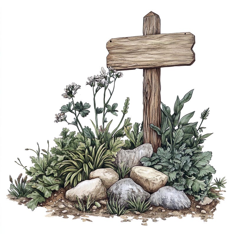 10 Old Empty Wooden Garden Sign With Rocks and Plants Clipart Set ...