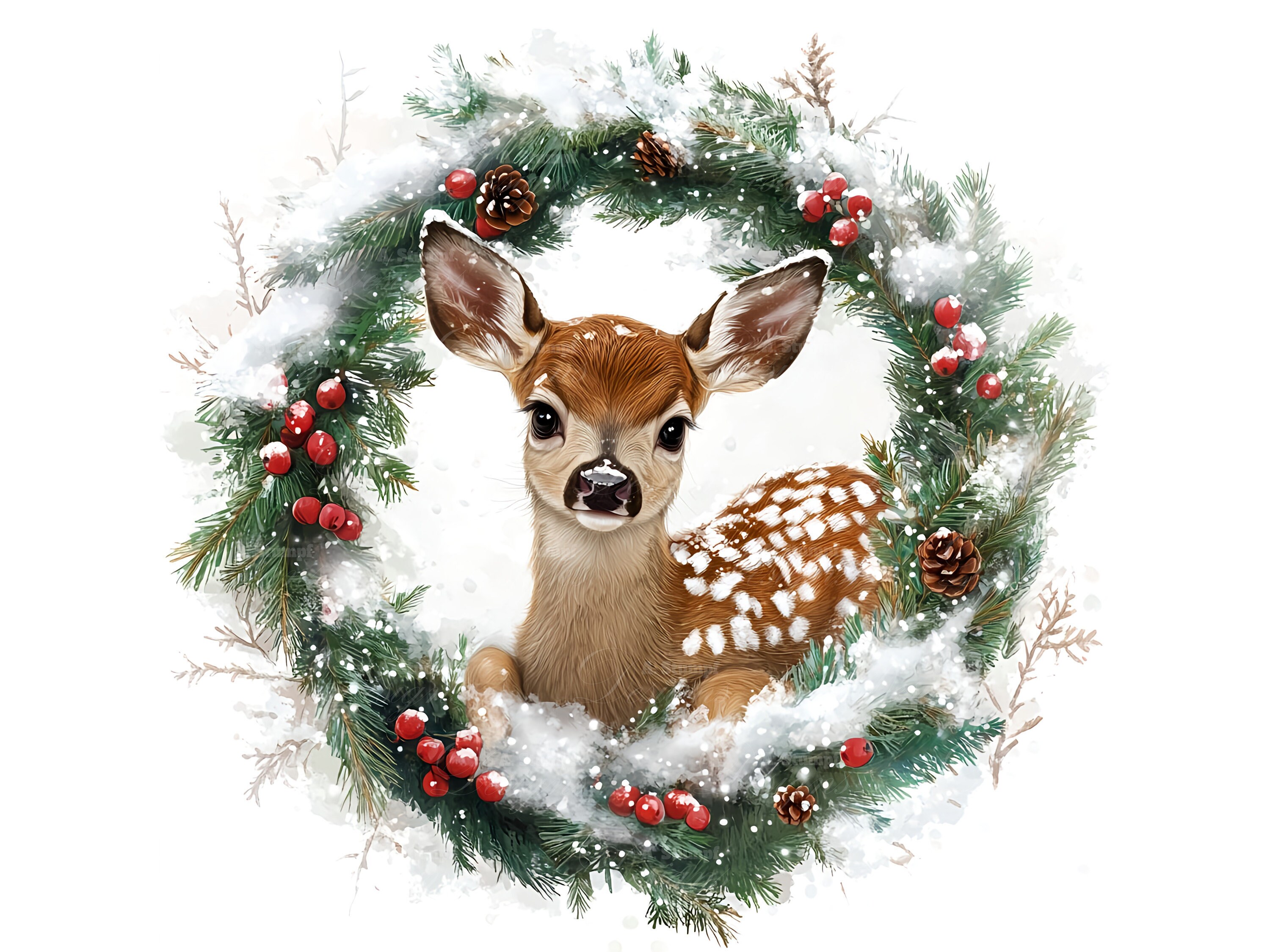 10 Deer in Christmas Wreath Clipart, Digital Watercolor Painting ...