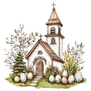 10 Easter Decorated Church Digital Watercolor Painting Christian Decor ...