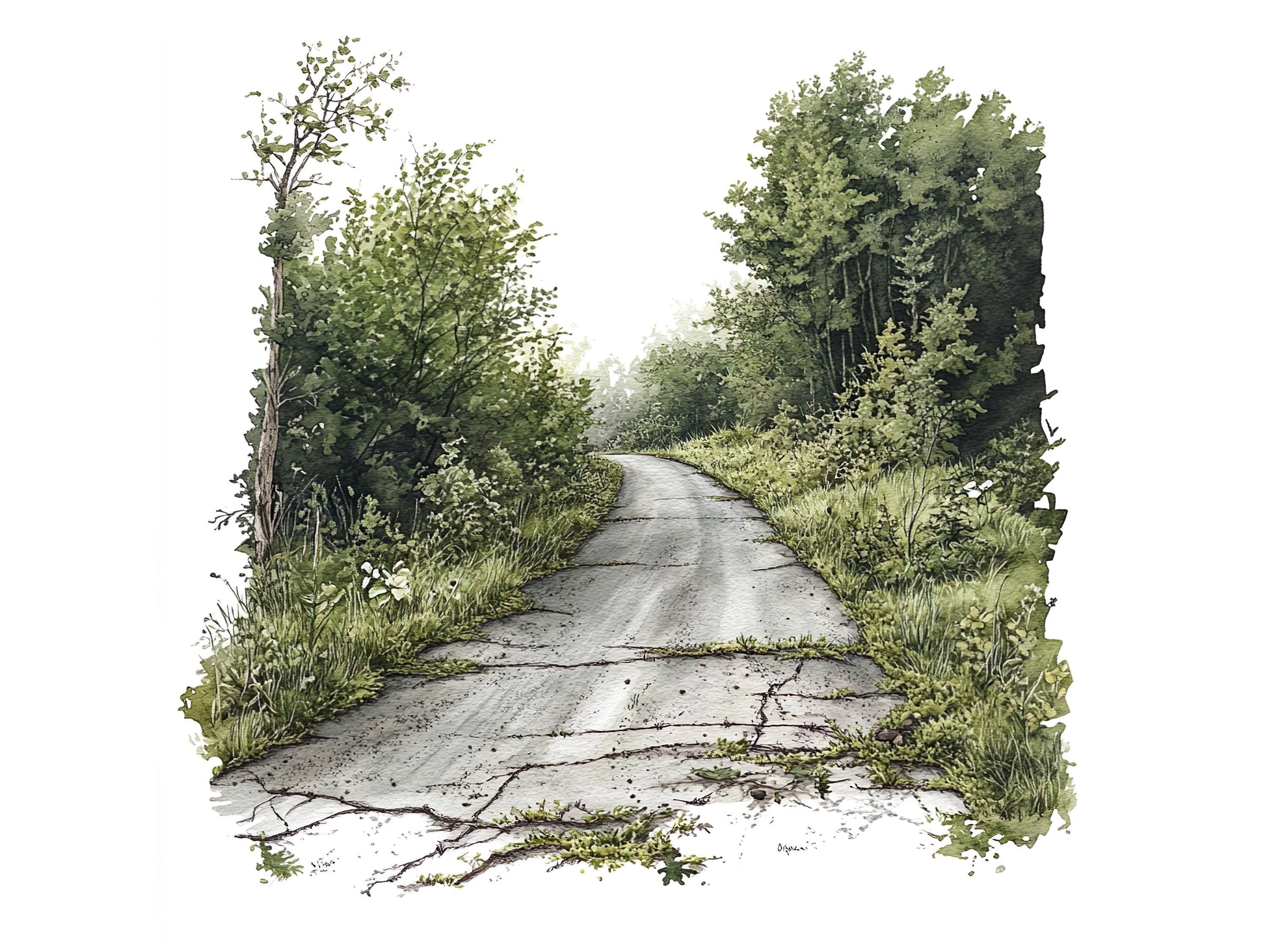 10 Abandoned Old Asphalt Road Clipart Set Digital Watercolor Painting ...