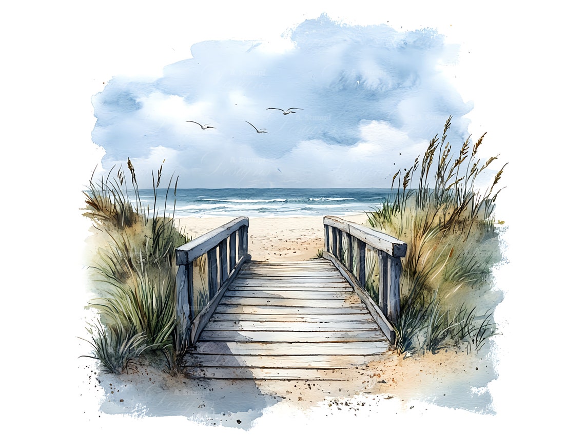 10 Boardwalk Beach Path Clipart Digital Watercolor Painting Seaside ...