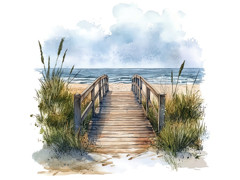 10 Boardwalk Beach Path Clipart Digital Watercolor Painting Seaside ...