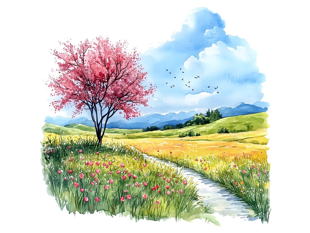 10 Spring Nature Scenery Clipart Set Digital Watercolor Painting Floral ...