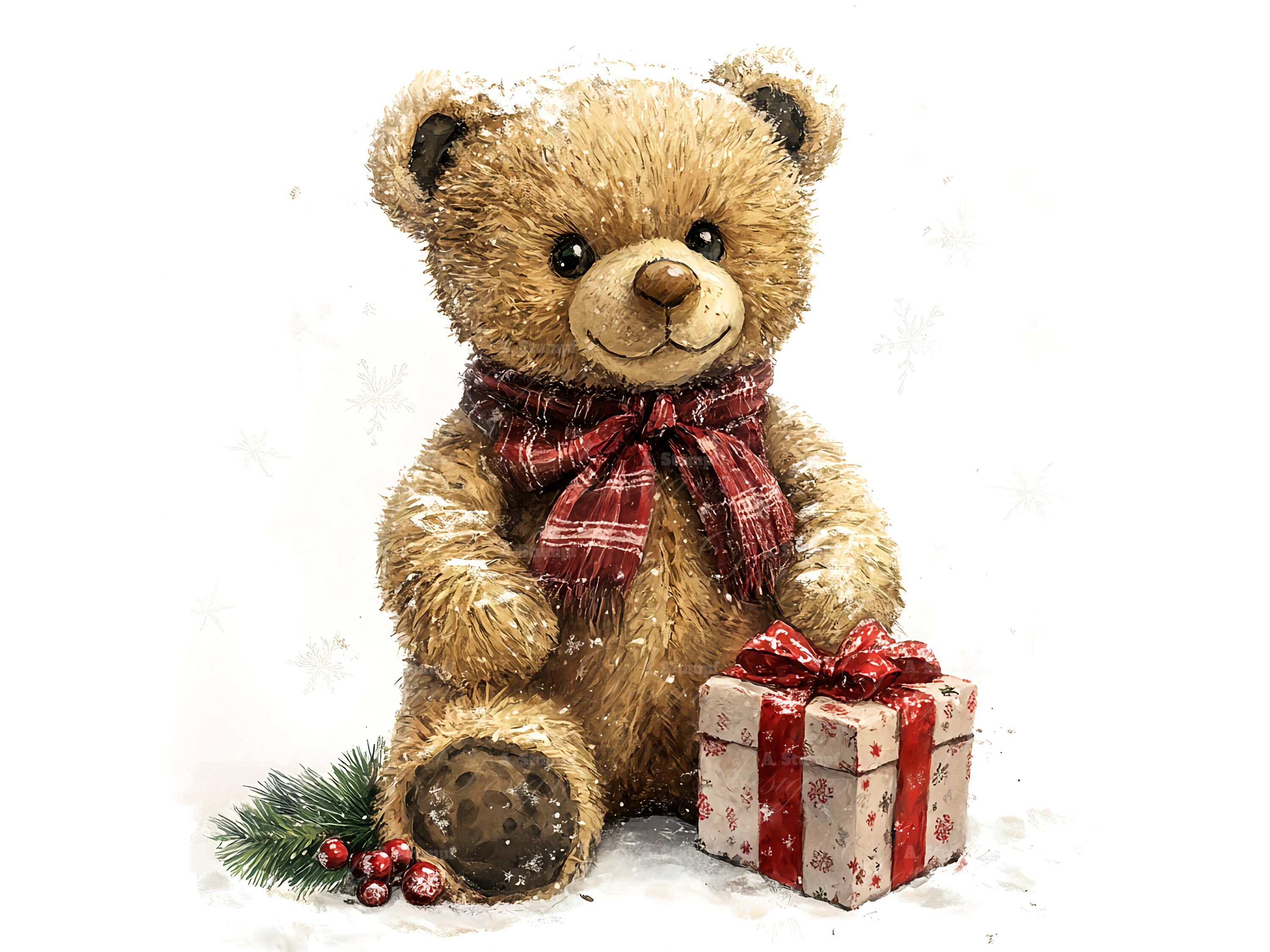 10 Christmas Teddy Bear Clipart Set, Digital Watercolor Painting, Snowy ...