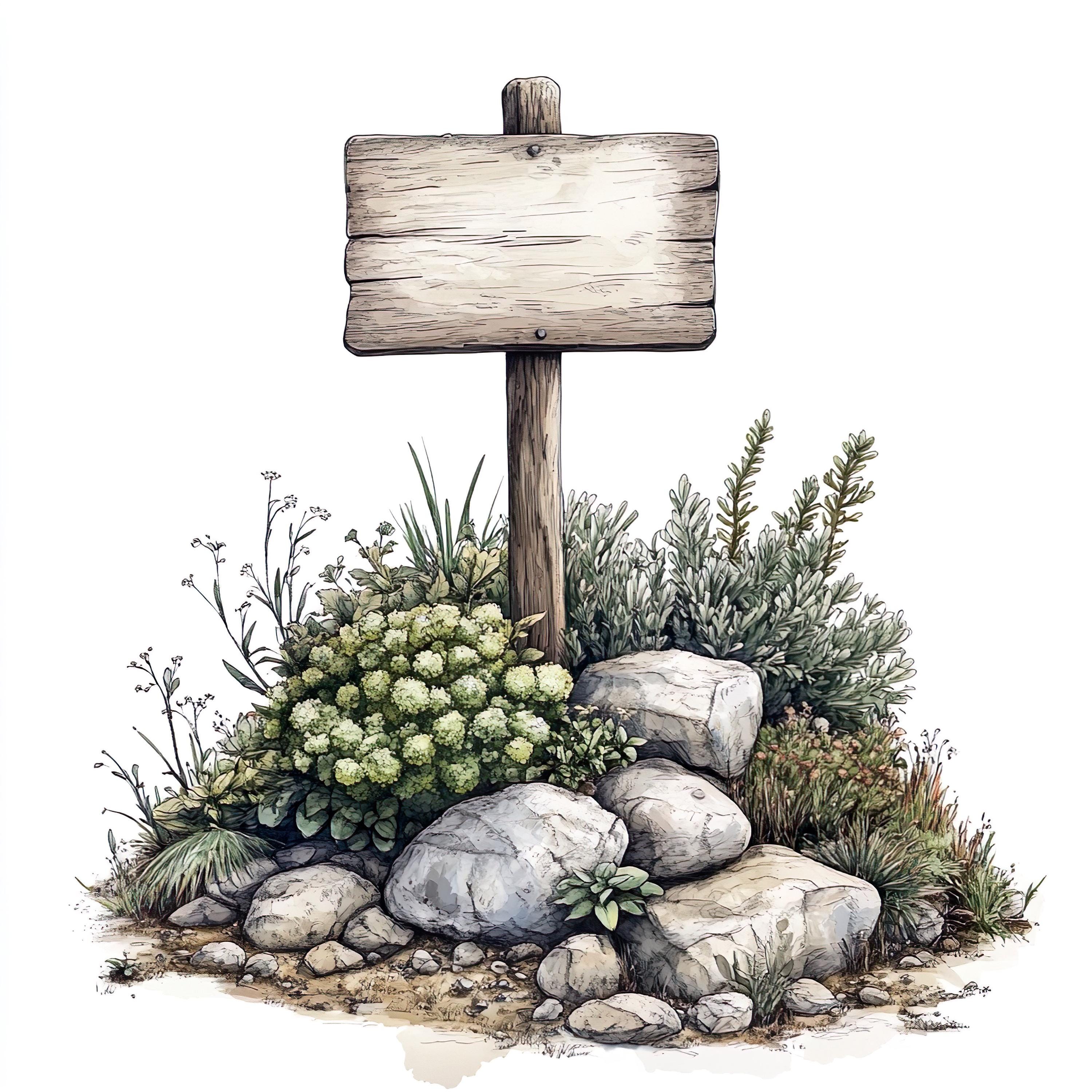 10 Old Empty Wooden Garden Sign With Rocks and Plants Clipart Set ...
