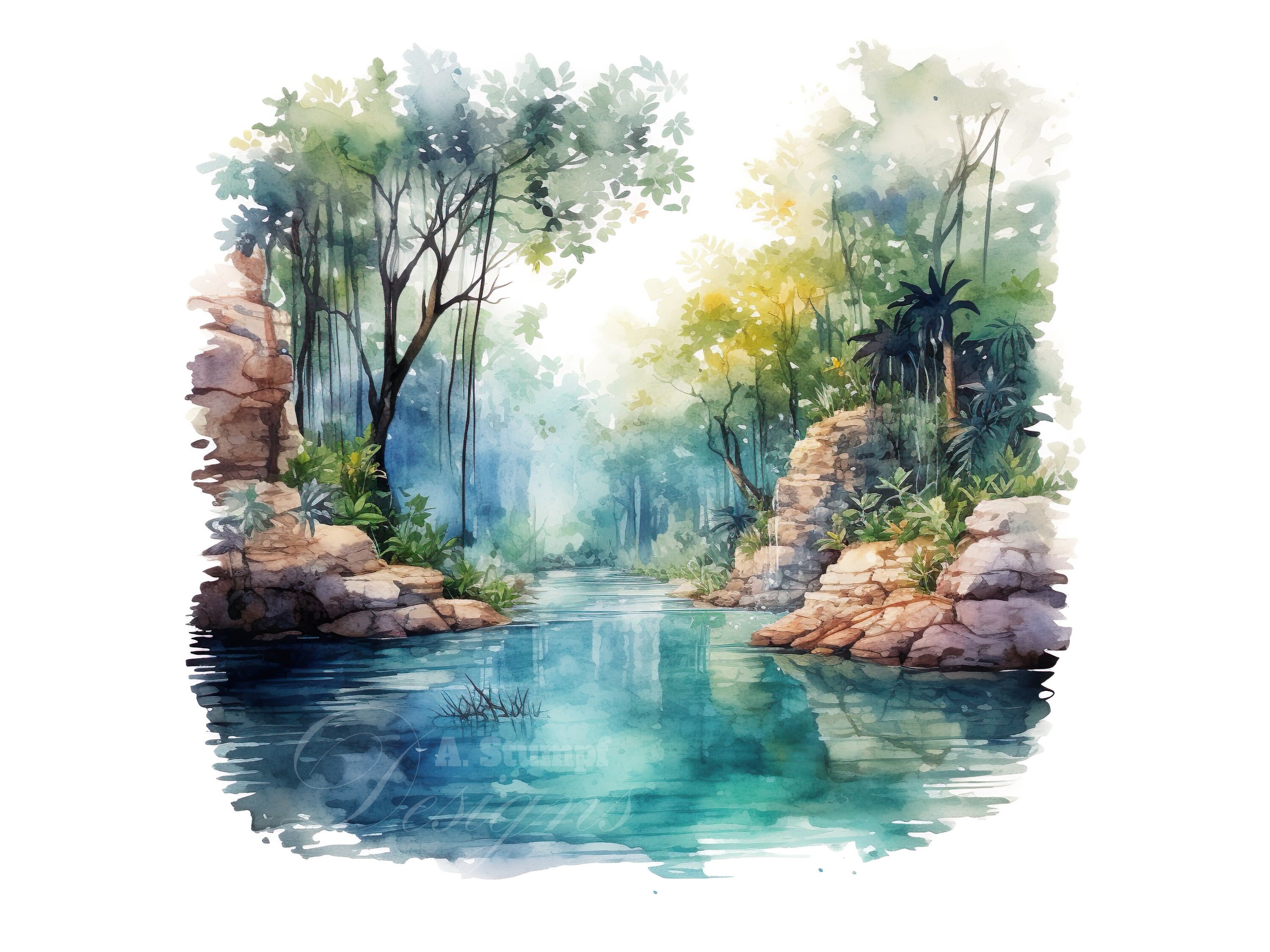 Cenote Landscape, Watercolor Clipart Set, Nature Illustration, Tropical ...