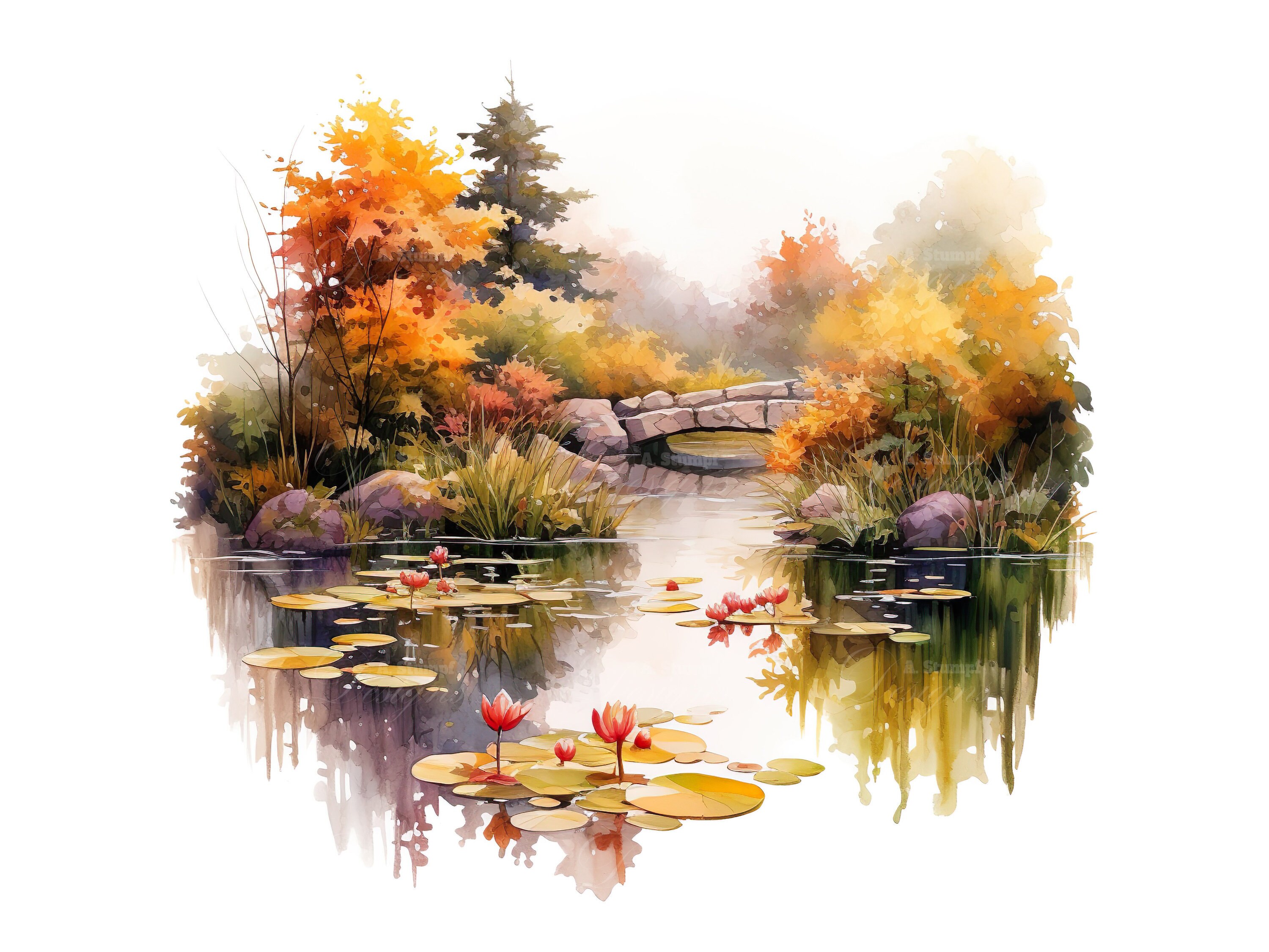 10 Garden Pond in Autumn Clipart Set Fall Pond Scene Illustration ...