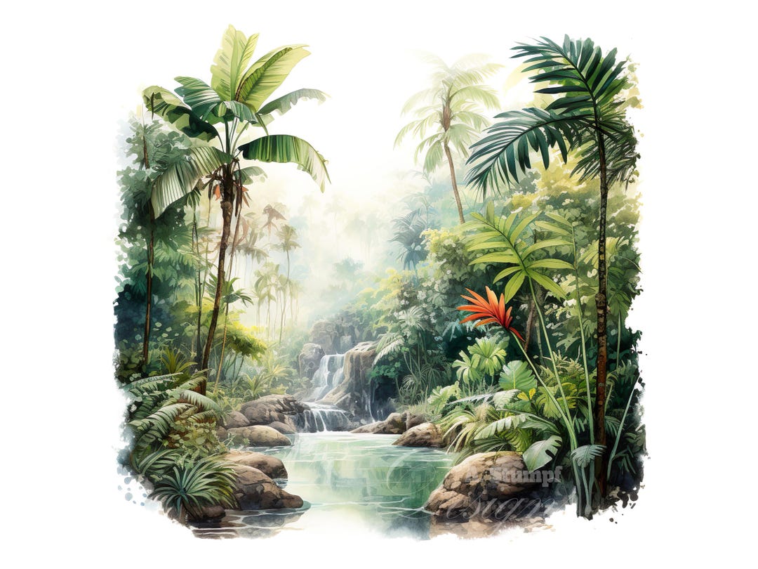10 Jungle Clipart Set Digital Watercolor Painting Rainforest Landscape ...