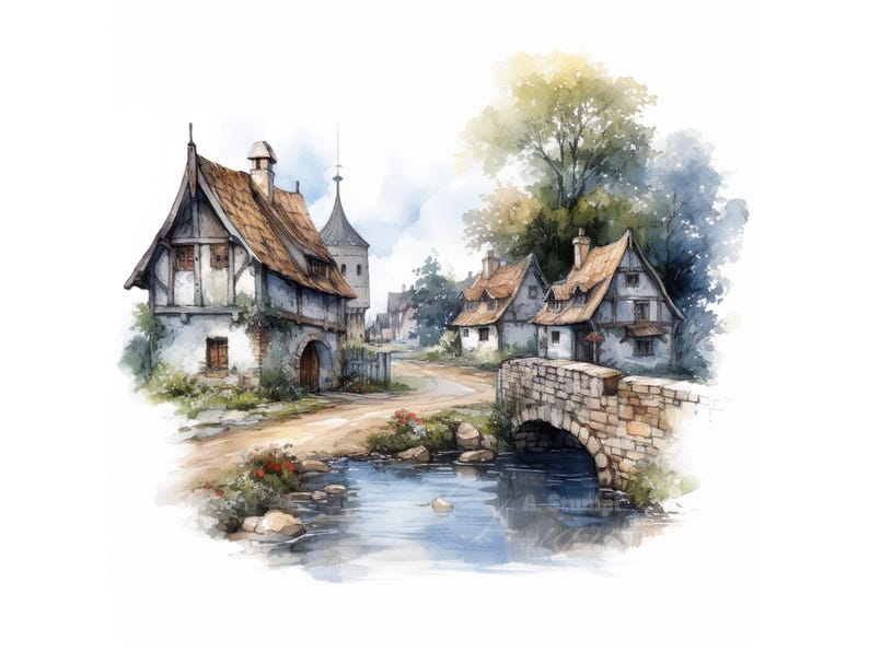 10 Medieval Village Landscape Clipart Set Digital Watercolor Historical ...