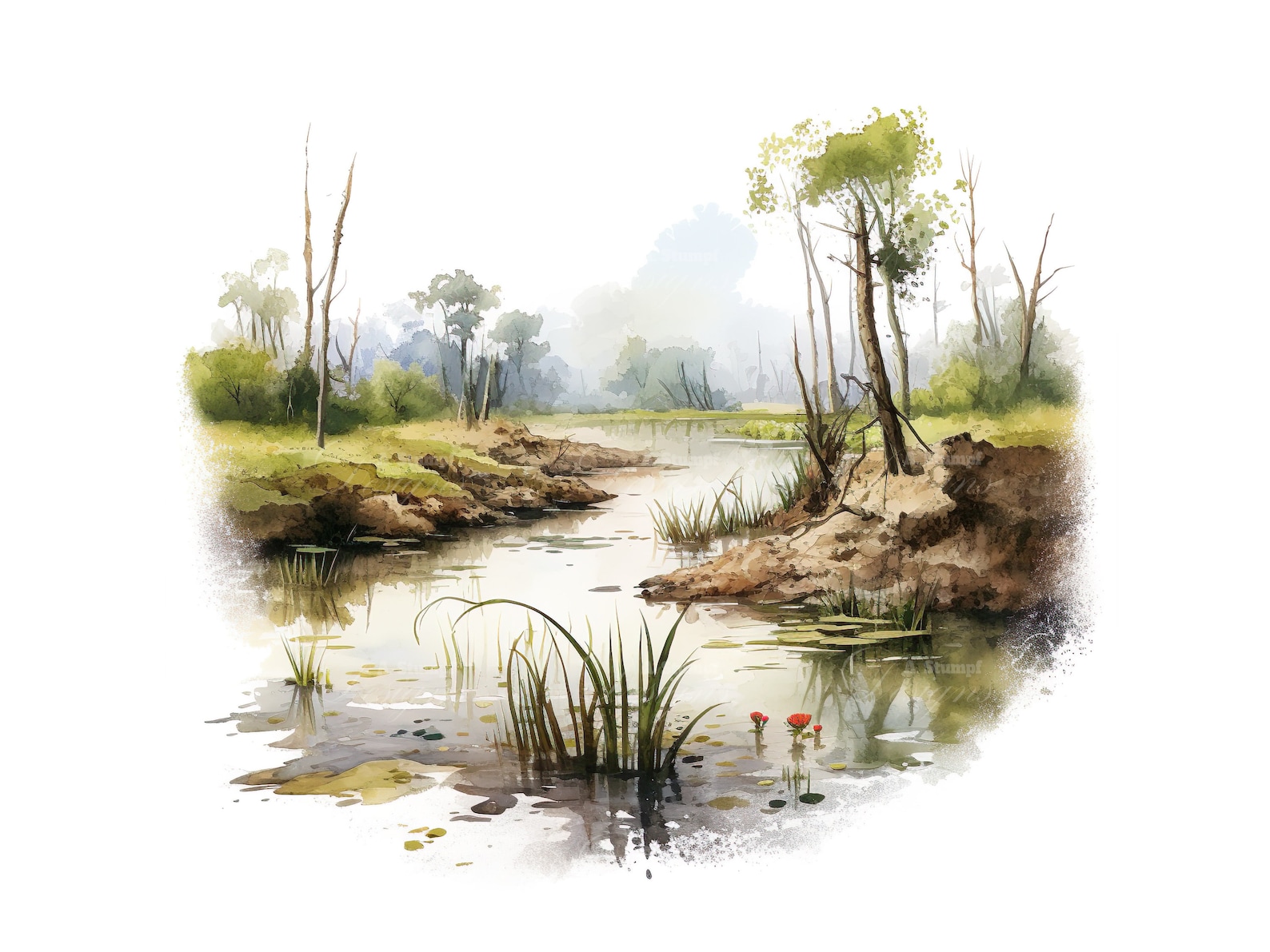 10 Swamp Landscape Clipart Set Wetland Scene Marsh Digital Watercolor ...