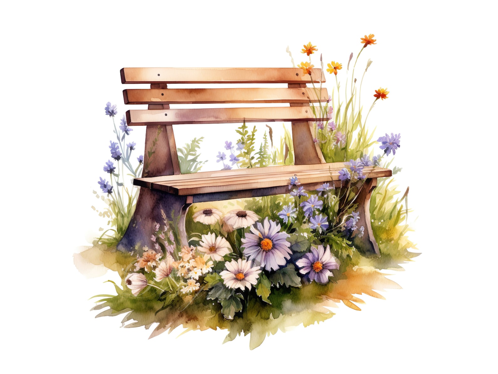 Floral Art Print Bench Clipart Set Garden Bench Watercolor Clipart ...