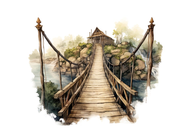 10 Old Wooden Suspension Hanging Bridge, Digital Watercolor Painting ...